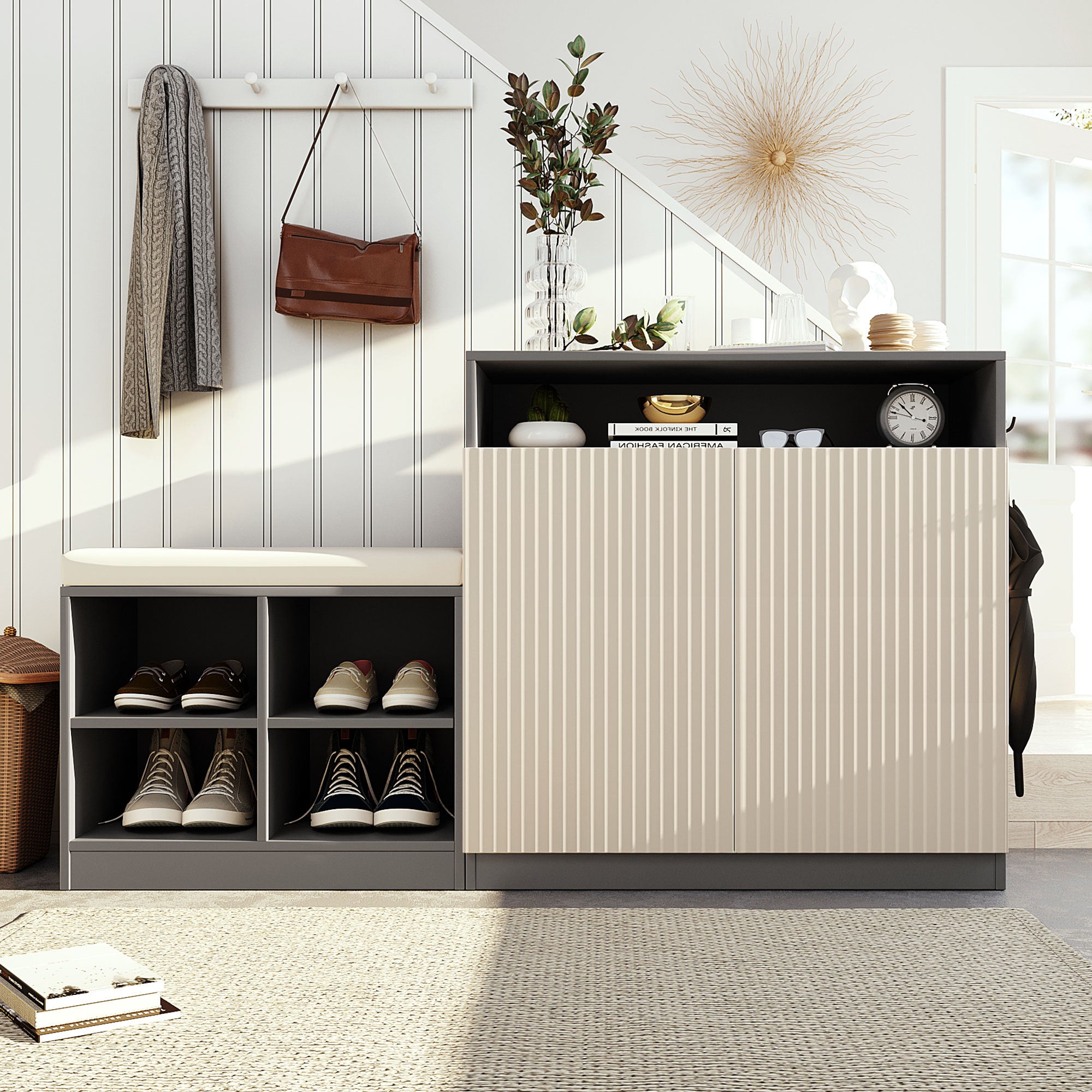 U_Style Livingroom Cabinet with Shoe Bench, 2 Doors and 3-Tier Adjusta ...