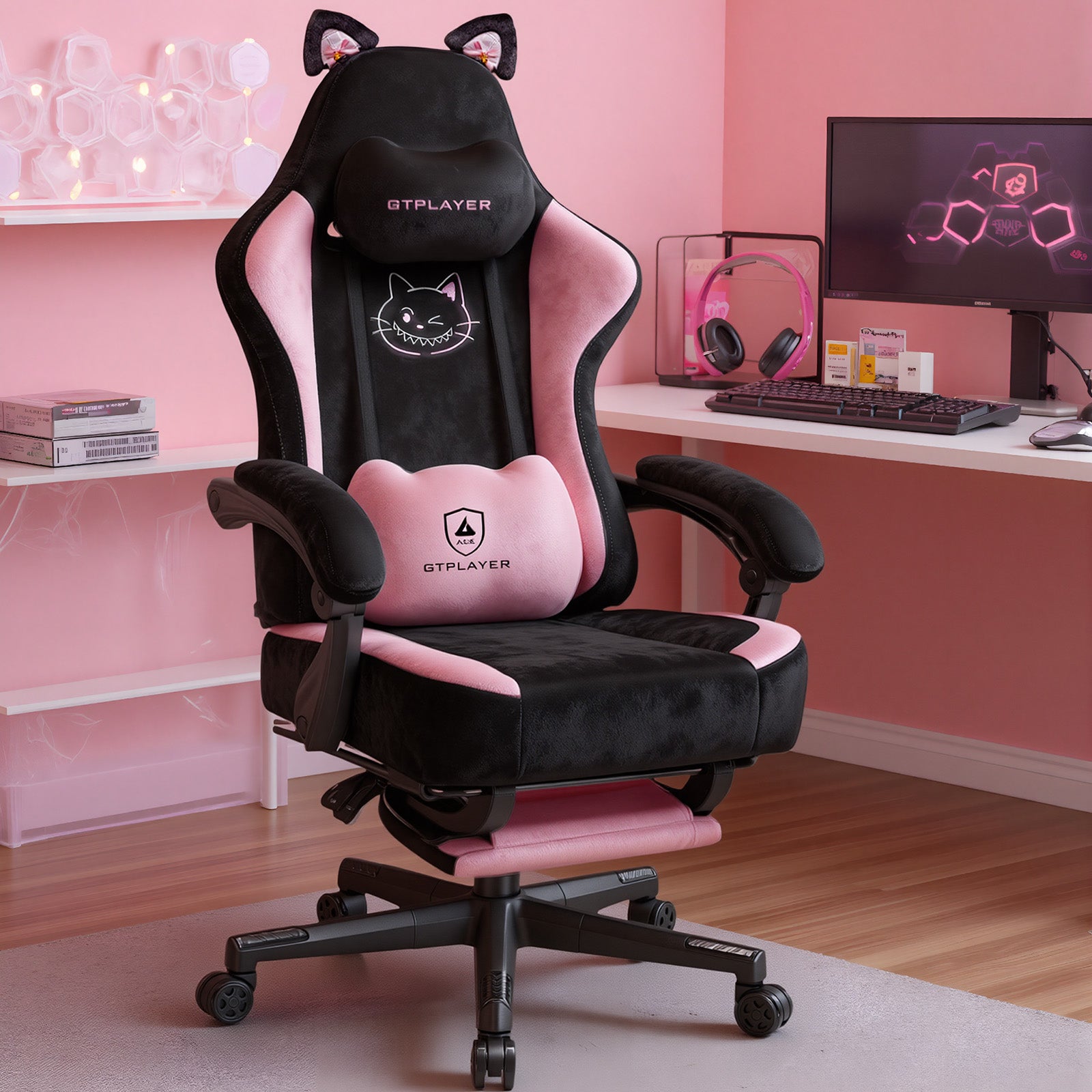 GTPLAYER Pink Cute Office Gaming Chair with Cat Ears, Velvet Fabric 35 ...